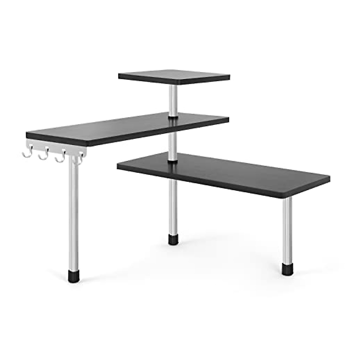 Venloup Upgraded 3 Tier Corner Shelf, Adjustable Bamboo Storage Spice Rack with Hooks, Freestanding Space Saving Counter Display Shelf for Kitchen, Office and Bedroom Adjustable (Black)