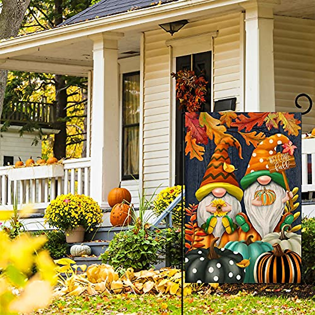 BLKWHT Fall Pumpkin Gnomes Small Garden Flag 12x18 Inch Vertical Double Sided Welcome Halloween Thanksgiving Maple Leaves Burlap Yard Outdoor Decor BW031-18