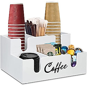 Disposable Coffee Cup Dispenser Lid Holder for Counter, Wood 6 Compartments Coffee Station Organizer for Cup Lid Sleeve Pods Condiment, Paper Cup Dispenser Coffee Bar Accessories Storage Organizer