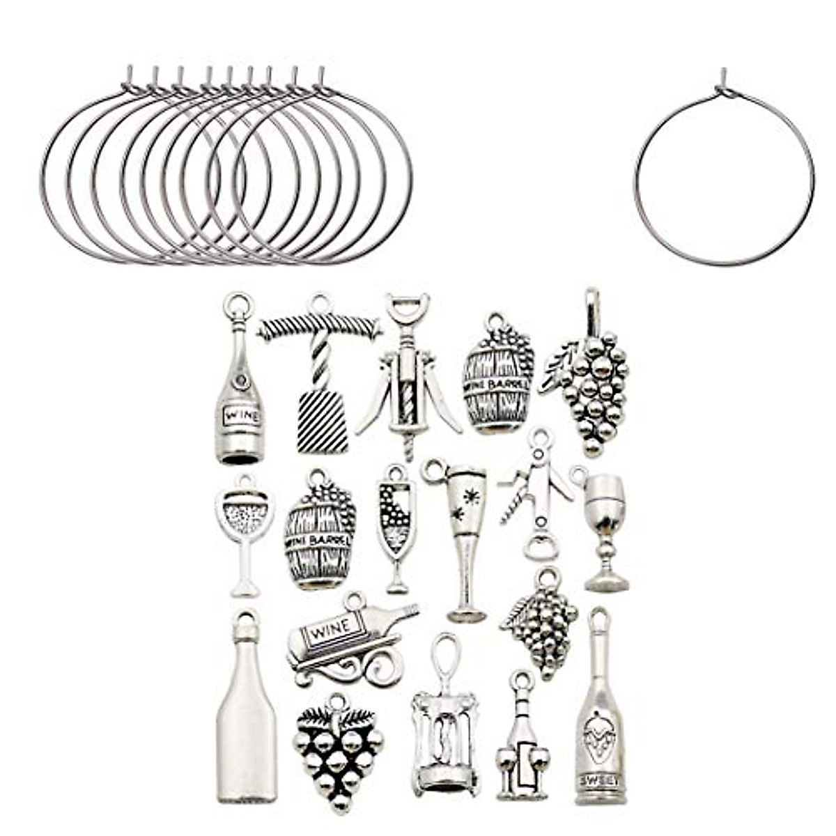 WOCRAFT 50 Sets Craft Supplies Wine Glass Charms Markers Wine Tasting Party Decoration Supplies Gift with 25mm Strong Stainless Steel Wine Glass Charm Rings (M307+10575)