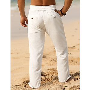iWoo Pants with Elastic Waist Men Beach Linen Pants Drawstring Linen Pants White M