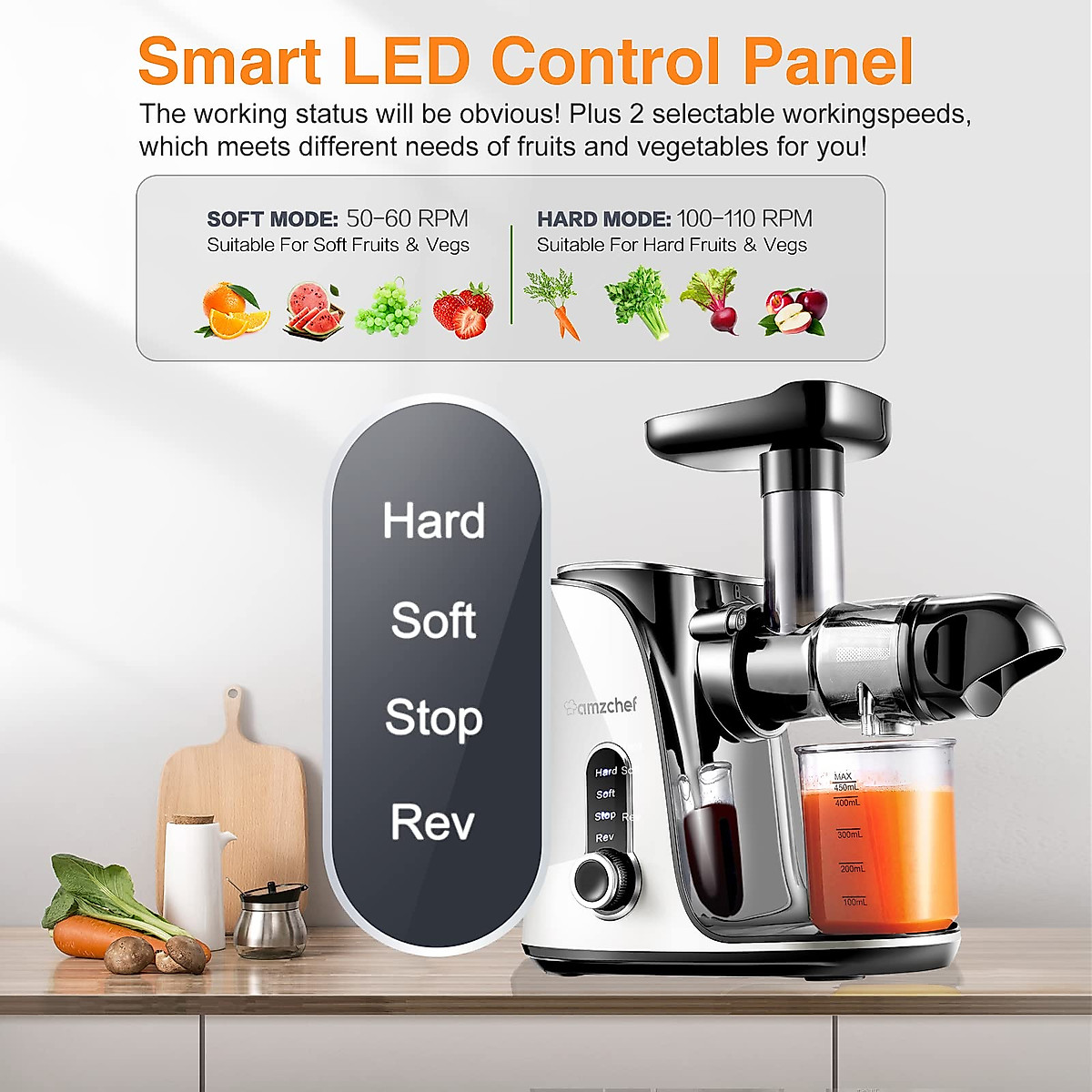 Juicer Machines, AMZCHEF Slow Cold Press Juicer with 2 Speed Modes, Travel bottles(500ML), LED display, Easy to Clean Brush & Quiet Motor for Vegetables & Fruits, Beige