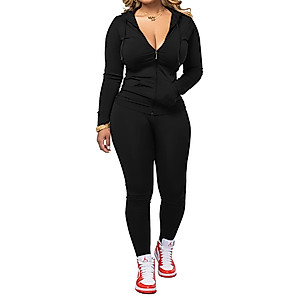PINSV Women Two Piece Outfits Workout Sets Bodycon Tracksuit Long Sleeve Zip Up Hoodie Jacket Jogger Matching Sweat Pants Set Black L