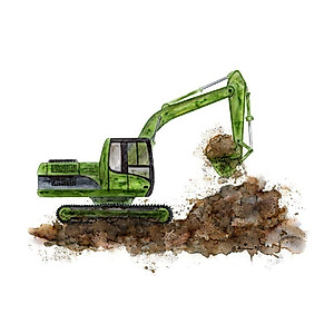 Construction Equipment Nursery Art Print Set, Set of 4 Truck Prints - Blue Cement Mixer, Green Excavator, Red Dump Truck and Yellow Bulldozer - Other Vehicles and Different Sizes Available