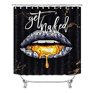 Camille&Andrew 4PCS/Set Luxury Black Gold Marble Texture Get Naked Shower Curtain, Cracked Lines Gold Paint Sexy Lips Funny Quotes Cool Modern Bathroom Decor, Non-Slip Bath Rugs, Hundred Dollar Bills