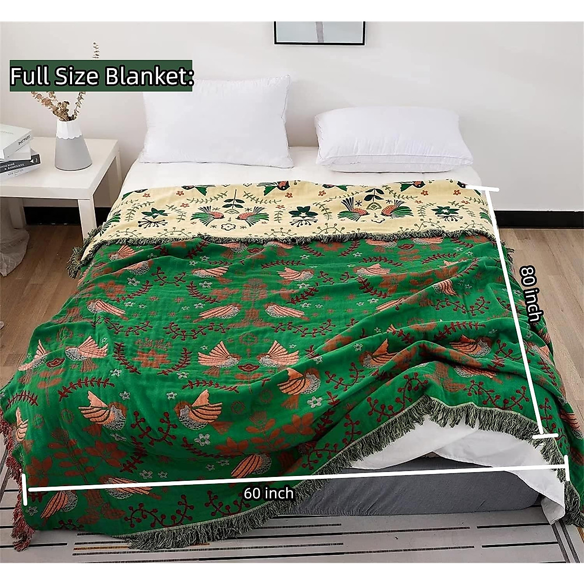 Skrmisda Bohemian Throw Blankets, Boho Birds 60 * 80 Inch Cotton Blanket for Bed Couch Camping Picnic Full Size Tassel Reversible Breathable Soft & Cozy Blankets (Green+Beige)