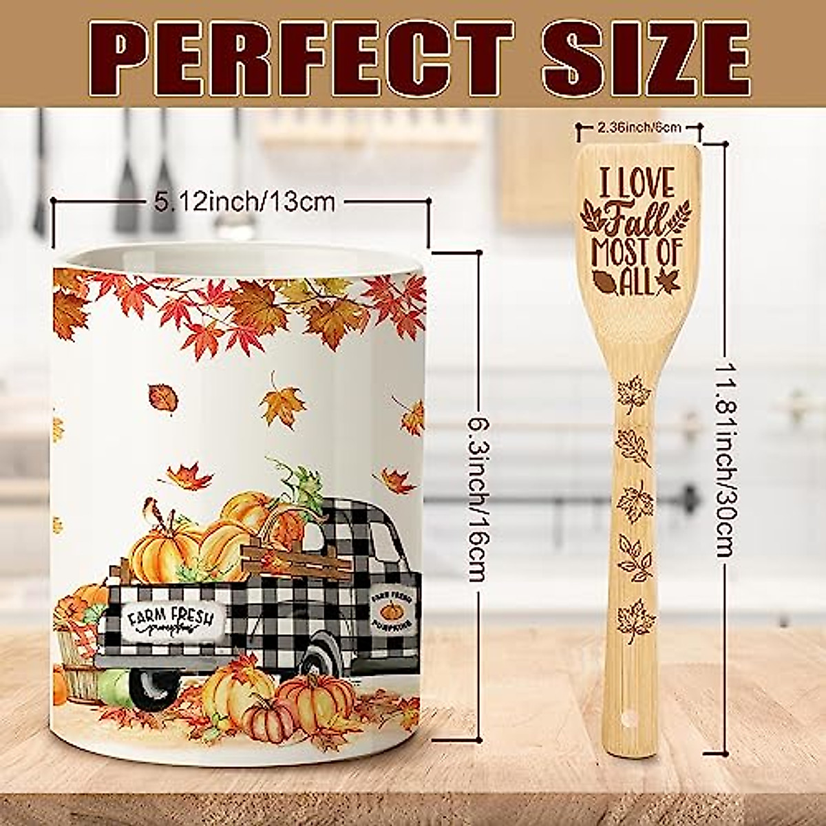 pinata Fall Kitchen Decor, Kitchen Utensil Holder for Countertop, Truck Pumpkin Kitchen Cooking Utensils Set with Holder, Kitchen Utensil Organizer with Bamboo Utensils(5.12" x 5.12" x 6.3")