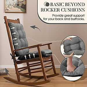 Basic Beyond Rocking Chair Cushions Set of 2, Porch Rocker Cushions for Wooden Rocking Chairs Outdoor with Thick Padding, Back Cushion with Ties, Tufted Seat Cushion with Non-Slip Backing(Dark Grey)
