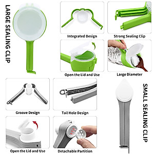 DEFORAGE 6 Pcs Bag Spout Clip,Bag Clips for Food,Snack Sealing Clips with Pour Spouts,Kitchen Chip with 4pcs Adhesive Hooks, for Cereal Kitchen Food Storage Organization(2L+4S)