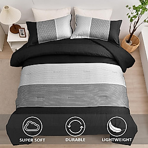 WONGS BEDDING Black Comforter Set Queen, Reversible Black Grey Stripe Down Alternative Comforter for All Season,3 Pieces(1 Patchwork Comforter+2 Pillowcases), Soft Microfiber Bedding Set 90"×90"