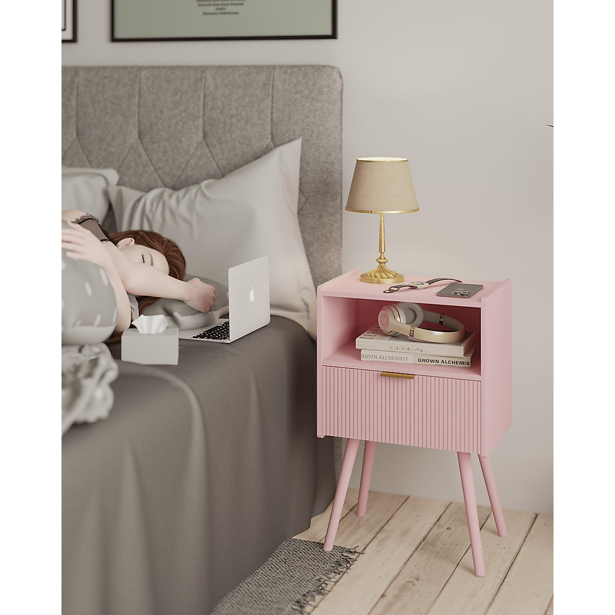 JOONEE Nightstand,Modern Bedside Table with Storage Drawer and Open Wood Shelf, for Living Room, Bedroom and Small Spaces, Accent Night Stand with Solid Wood Legs, Easy Assembly,Classic Pink
