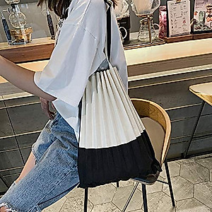 Misaso Japanese Style Pleats Casual Tote Bag Canvas Capacity Shoulder Bag Issey Vertical-Pleats Color Black