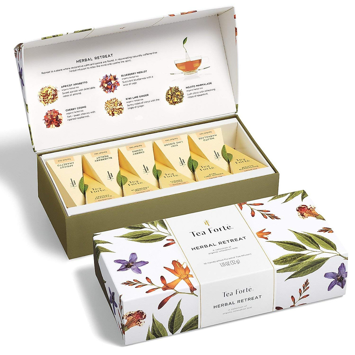 Tea Forte Herbal Retreat Organic Citrus And Fruit Herbal Tea, Petite Presentation Box, Sampler Gift Set With 10 Handcrafted Pyramid Bag Infusers, Caffeine Free, 10 Count (Pack of 1)