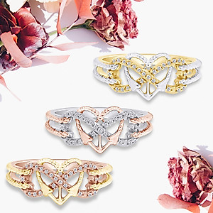 1/10 CT Natural Diamond Two Tone Heart Infinity Anchor Rope Promise Ring 14k White Gold Over Sterling Silver (I-J Color, I2-I3 Clarity, 0.10 Cttw) Ring Size -8.5