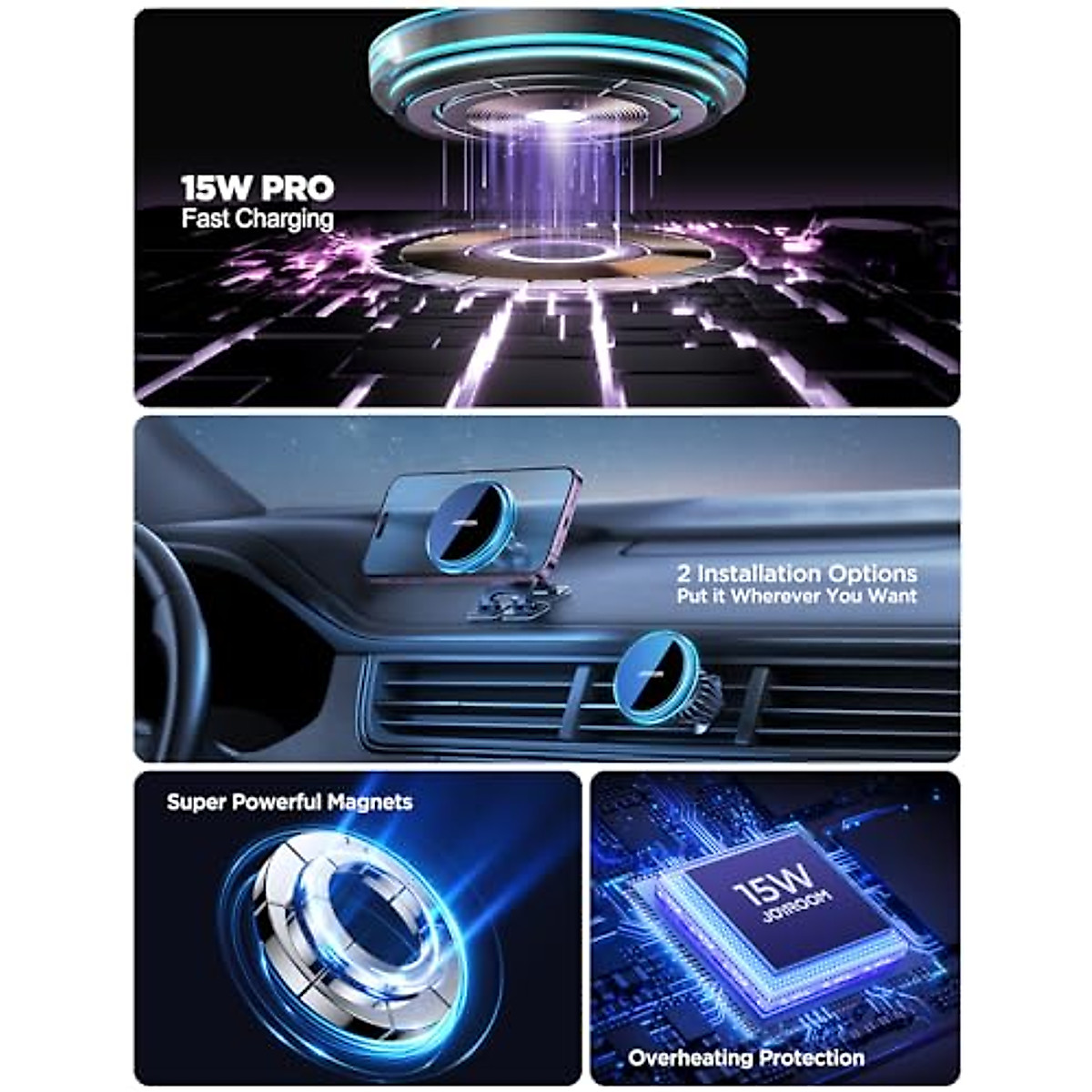 JOYROOM for MagSafe Car Mount Charger, 2024 Upgraded 15W Fast Charging Magnetic Wireless Car Charger Suitable for [Vent+Dash+Wall], for Magsafe Charger Car Phone Holder Mount for iPhone 15/14/13/12