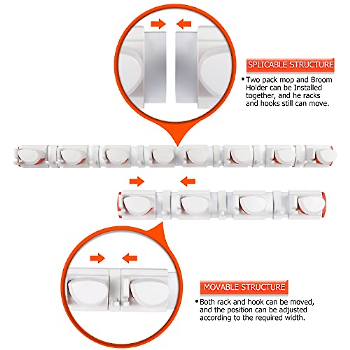 Lalafancy 2 Pack Mop Broom Holder Wall Mount, Broom and Mop Organizer Wall Hanging with Movable Sliding 4 Slots and 3 Hooks, Broom Hanger Storage Rack for Kitchen, Laundry Room