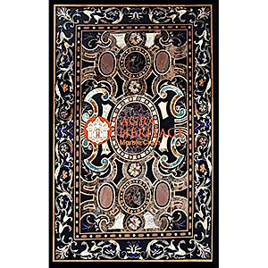Marble Black Dining Table Top Marquetry Inlay Semi Precious Stone Decor | 62"x38" Inches