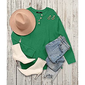 ZESICA Women's 2023 Casual V Neck Sweater Loose Long Sleeve Waffle Knit Button Henley Pullover Jumper Top,Green,Small