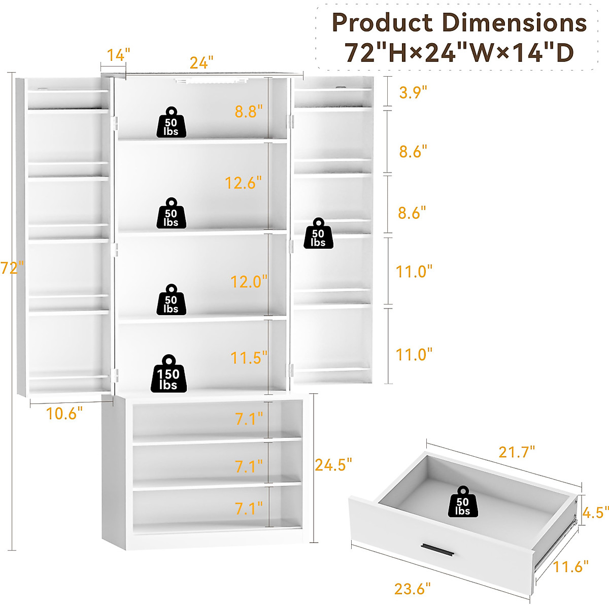 FJTJBSI 72" LED Kitchen Pantry Cabinet with 3 Drawers Farmhouse Tall Storage Cabinet Wood Food Pantry with Barn Doors and Adjustable Shelves Versatile Storage Freestanding Cupboard for Kitchen