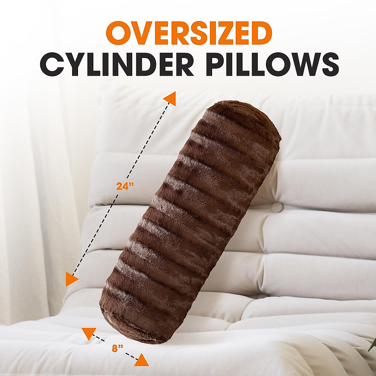 Cheer Collection Faux Fur Cylinder Pillows - Decorative Bolster Pillows for Couch & Bed - Machine Washable - 8” x 24” Inch (Set of 2) - Chocolate