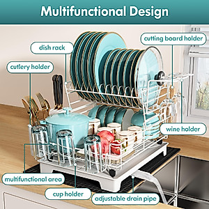 MAJALiS White Dish Drying Rack with Drainboard Set, Two Tier Large Dish Drainers with Drainage, Stainless Steel Dish Dryer Rack for Sink and Counter
