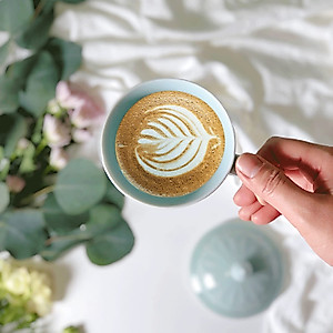 Tingyework Porcelain Lotus Tea Cup with Lid and Handle, 12 oz Unique Coffee Mug, Microwave Dishwasher Safe, Gifts for Women and Men, Aesthetic Chinese Celadon 1 Pack (Ivory Blue)