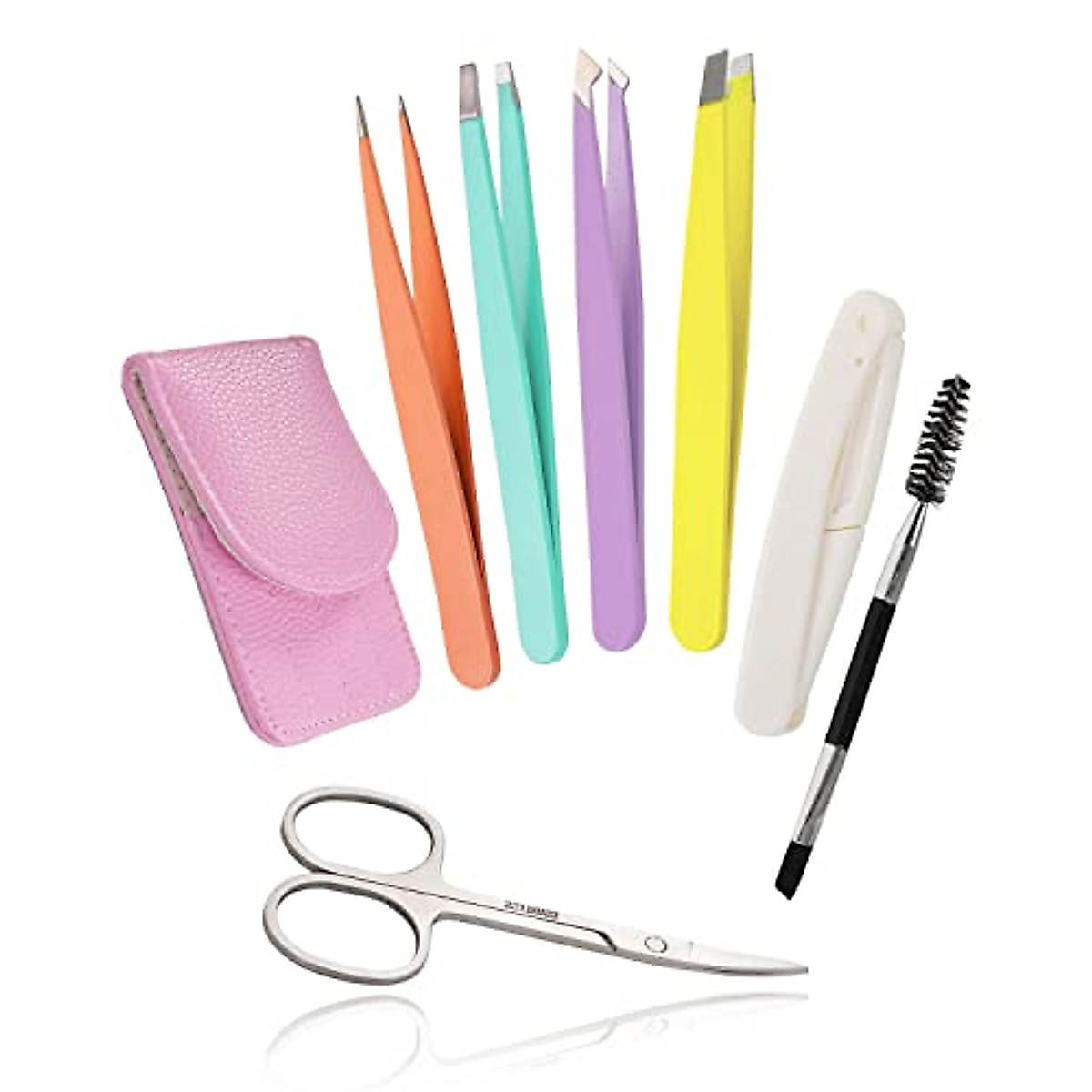 Eyebrow Tweezers Set 7 in 1, Tweezers with Leather Travel Case, Precision Tweezers for Women with Curved Scissor, Eyebrow Razor, Eyebrow Kit for Facial Hair Ingrown Hair Removal