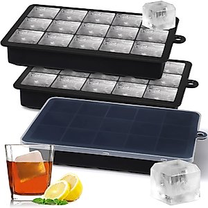 Silicone Ice Cube Trays with Lid,Sinnsally Large 3 Pack Silicone Baby Food Freezer Tray,15 Big Square Block Ice Cube Molds for Freezer Containers,Reusable Ice Maker for Cocktails,Whiskey(Black)