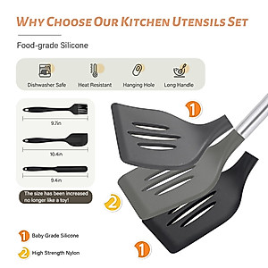 Hvygss Kitchen Utensils Set with Holder, Black Silicone Cooking Utensils Set Dishwasher Safe Stainless Steel Handle Spoons Spatula Set Heat Resistant Kitchen Tools