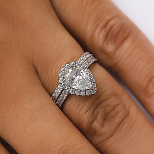 Wishrocks 2CT 925 Sterling Silver White Gold Plated Wedding Band Teardrop Bridal Ring Set Halo Moissanite Diamond Solitaire Promise Engagement Ring for Women (, Clarity-VVS1)