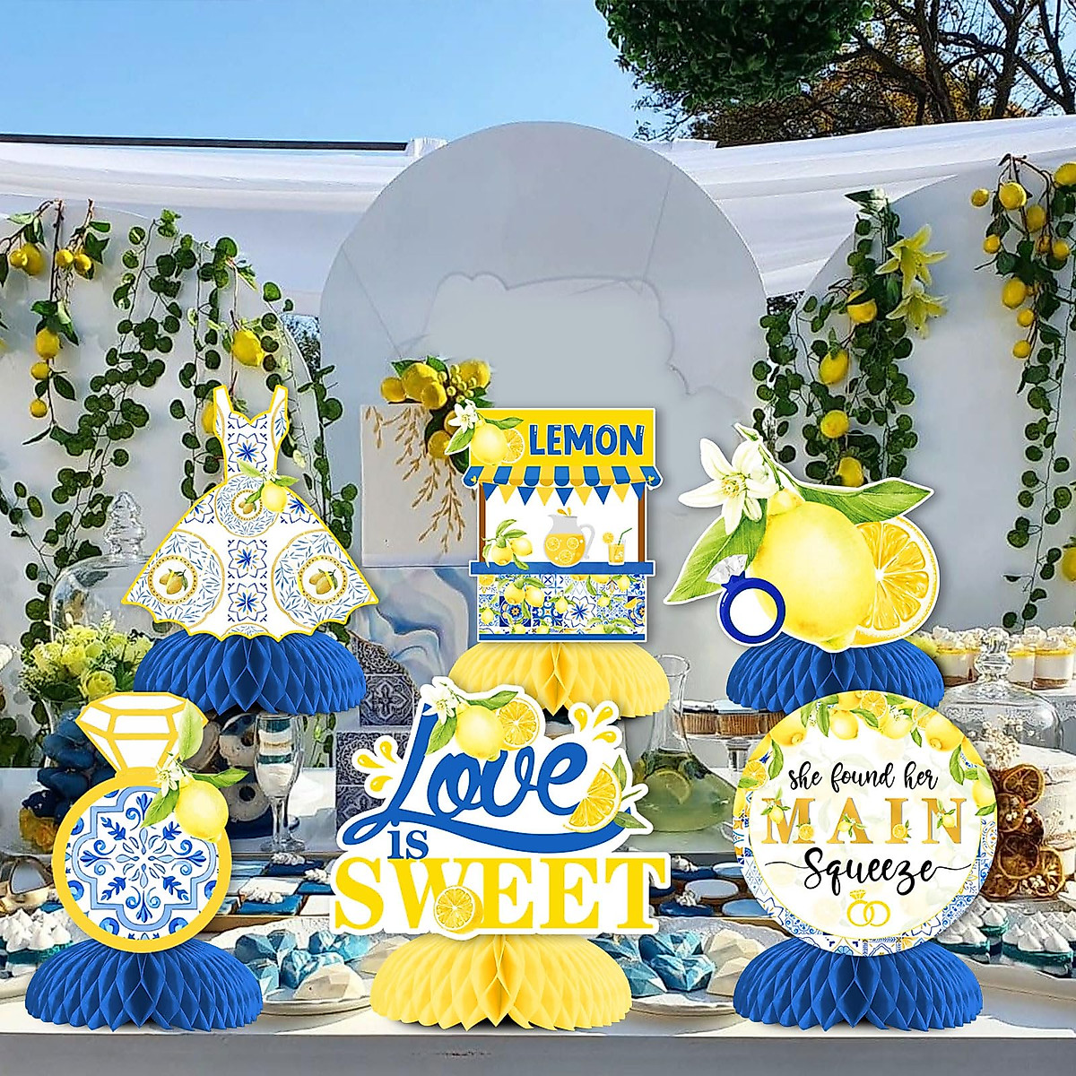 Lemon Bridal Shower Honeycomb Centerpiece, She Found Her Main Squeeze Centerpiece Lemon Centerpiece Table Decorations Blue for Lemon Fruit Bridal Shower Wedding Engagement Bachelorette Party
