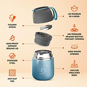 ENERGIFY Vacuum Insulated Food Jar Wide Mouth 17 Oz Soup Thermo with Folding Spoon - Thermal Lunch Containers for Kids & Adults - Leak Proof Stainless Steel Thermos for Hot Food Keep 12H and Cold 24H