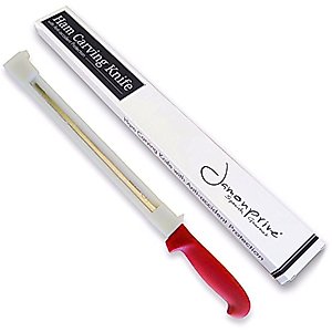 Ham Carving Knife with Anti-accident Protection 12-Inch - Flexible Stainless Steal Ham Slicing Knife for Slicing Serrano, Ibérico Ham & Italian Prosciutto