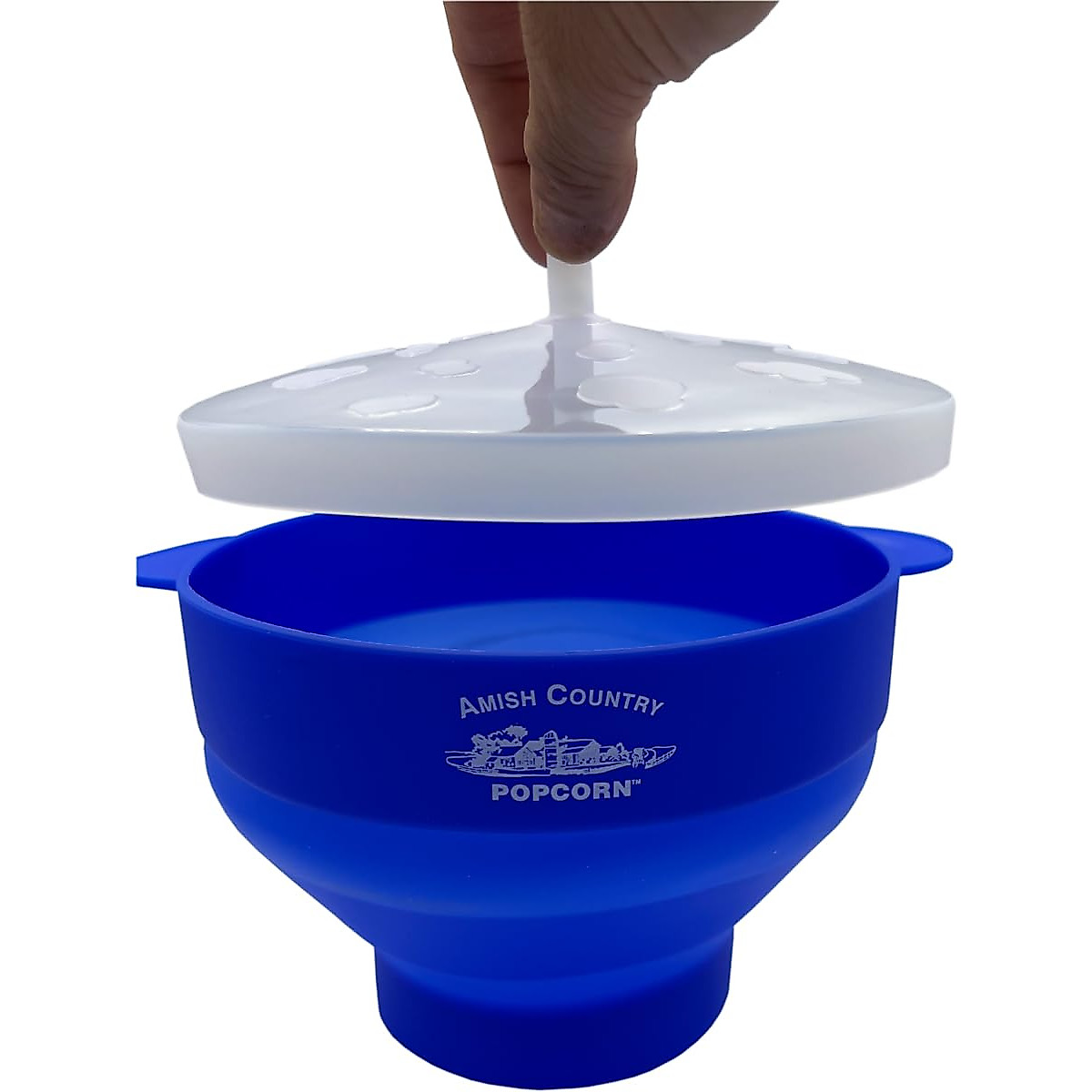 Amish Country Popcorn | Collapsible Silicone Microwave Popper with Customized ACP Logo | BPA and PVC Free Popcorn Bowl with Handles | Dishwasher Safe | Includes 2-2 oz Bags of Kernels (Blue)
