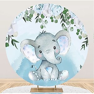 Yeele 7x7ft Calf Elephant Round Backdrop It's A Boy Watercolor Elephant Blue Flowers Plants Background Party Banner Supplies Polyester Baby Shower Photography Backdrop Theme Party Decoration Photo