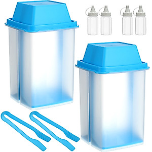2 Pcs Pickle Storage Container with Strainer Flip Jalapeno Holder Plastic Pickle Jar, 2 Pcs Pickled Tongs and 4 Pcs Sauce Bottles for Food Kitchen Supplies (Blue)