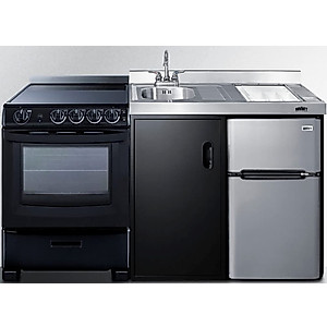 Summit Appliance ACK63ELSTB 64" Wide All-in-one Kitchenette with 4-Burner 220V Smooth-top Electric Range, Refrigerator-Freezer Sink, Cutting Board and Cutlery Storage, and Storage Cabinet