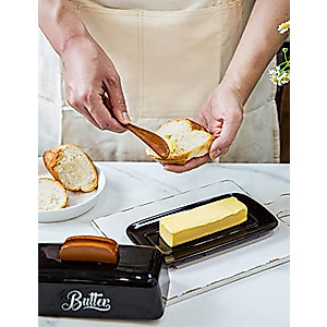 Butter Dish with Lid and Knife Ceramic Butter Holder for Counter Humanized Clamp-able Knife Handle Design, Perfect for East West Coast Butter, Black