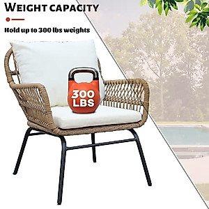 Backrest Wicker Chair Handmade Rattan Chair Outdoor Wicker Chair Set with Metal Feet, Pillows, Seat Cushions and Round Tempered Glass Table for Patio,Balcony,Backyard, Natural Color