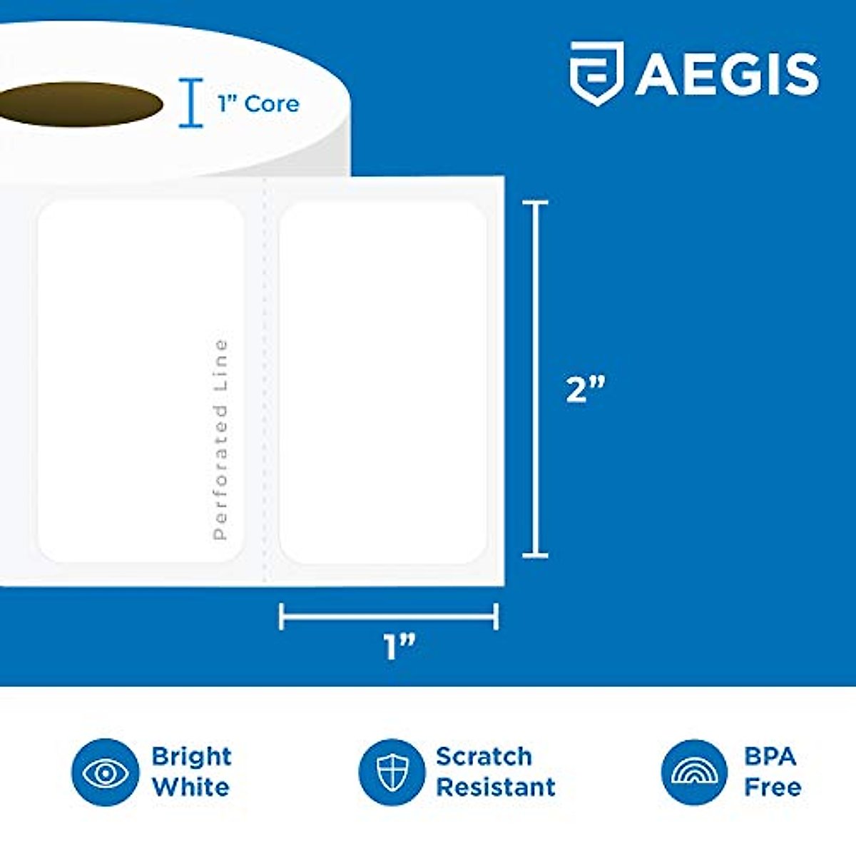 Aegis Adhesives - 2” X 1” Direct Thermal Labels for UPC Barcodes, Address, Perforated & Compatible with Rollo, Zebra, & Other Desktop Label Printers (12 Rolls, 1300/Roll)