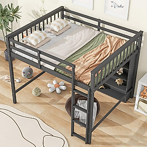 SOFTSEA Full Size Loft Bed with Storage, Solid Wood Loft Bed with Open Storage Shelves, Multi-Functional Loft Bed Frame with Ladder for Kids Boys Girls Teens, Gray