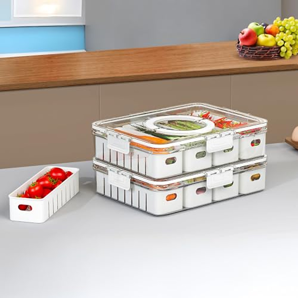 NestOrganix 2 Pack Snackle Box Container Serving Tray, Portable Snack Tray with Lid & Handle, Refrigerator Organize Box for Vegetable Fruit Candy (4 Compartments)