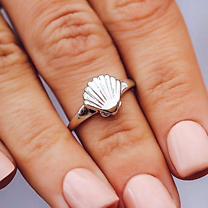 Pura Vida Silver Shell Signet Ring - Brass Base Band, Rhodium Plating - Size 8