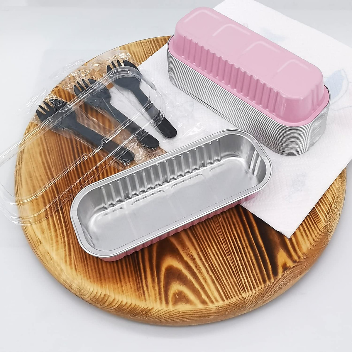 LNYZQUS Mini Loaf Pans With Lids 50 Pack, 6.8oz Rectangle Aluminum Foil Baking Pans Tins Containers,Disposable Ramekins Baking Cups Muffin Tins Cupcake Cups For Mini Cake Bread Loaf -Pink