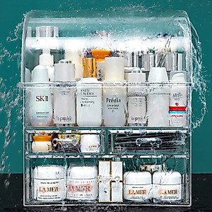 Large Acrylic Makeup Organizer With Lid Cosmetic Storage Drawers Portable Makeup Organizers Dustproof And Waterproof Box For Women (Gold/Clear, 11.8inx 14in x 7in)