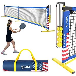 JAYA Pickleball Nets Portable Outdoor, 22FT Regulation Size Pickleball Net with Carrying Bag for Driveway Backyards Golden Yellow with Flag Blue