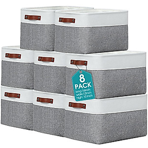 Uiifan 8 Pack Fabric Storage Basket Storage Bin with Handles Linen Decorative Storage Containers Organization Bins for Shelves Closet Organizer Baskets for Toy Nursery (Gray,16 x 12 x 10 Inch)