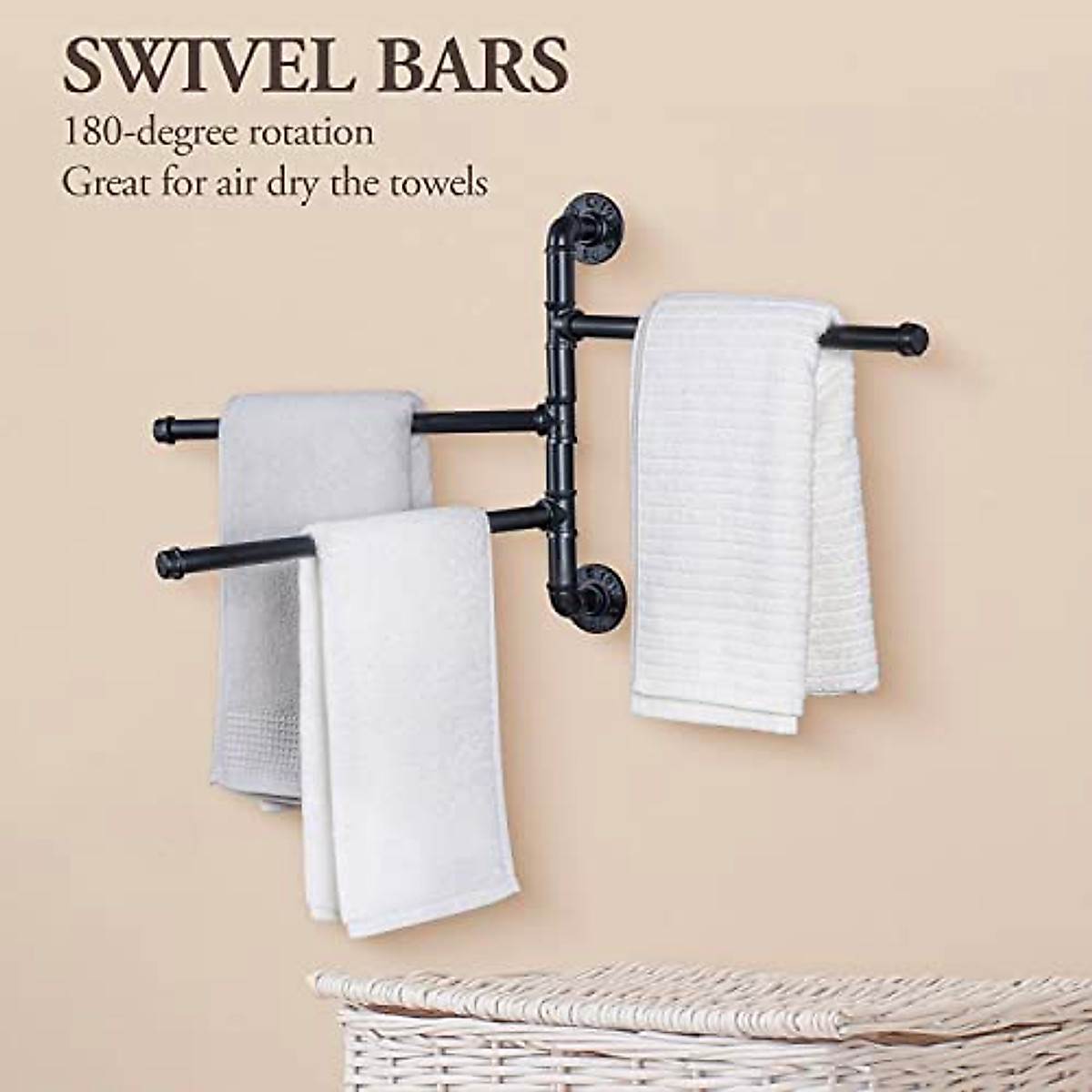 MyGift Wall Mounted Bathroom Towel Rack, Black Metal Industrial Pipe Design Swivel 3 Bar Towel Rack