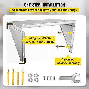 VEVOR Stainless Steel Wall Shelf, Commercial Wall Mount Shelving w/Backsplash and 2 Brackets for Restaurant, Home, Kitchen, Hotel, Laundry Room, Bar