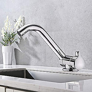 Compact Folding Faucet for RV Caravan Camper, Kitchen Solid Matel 360 Rotation Faucet w/Hoses, Cold Hot Water Mixer Faucet, Copper Silver Tap